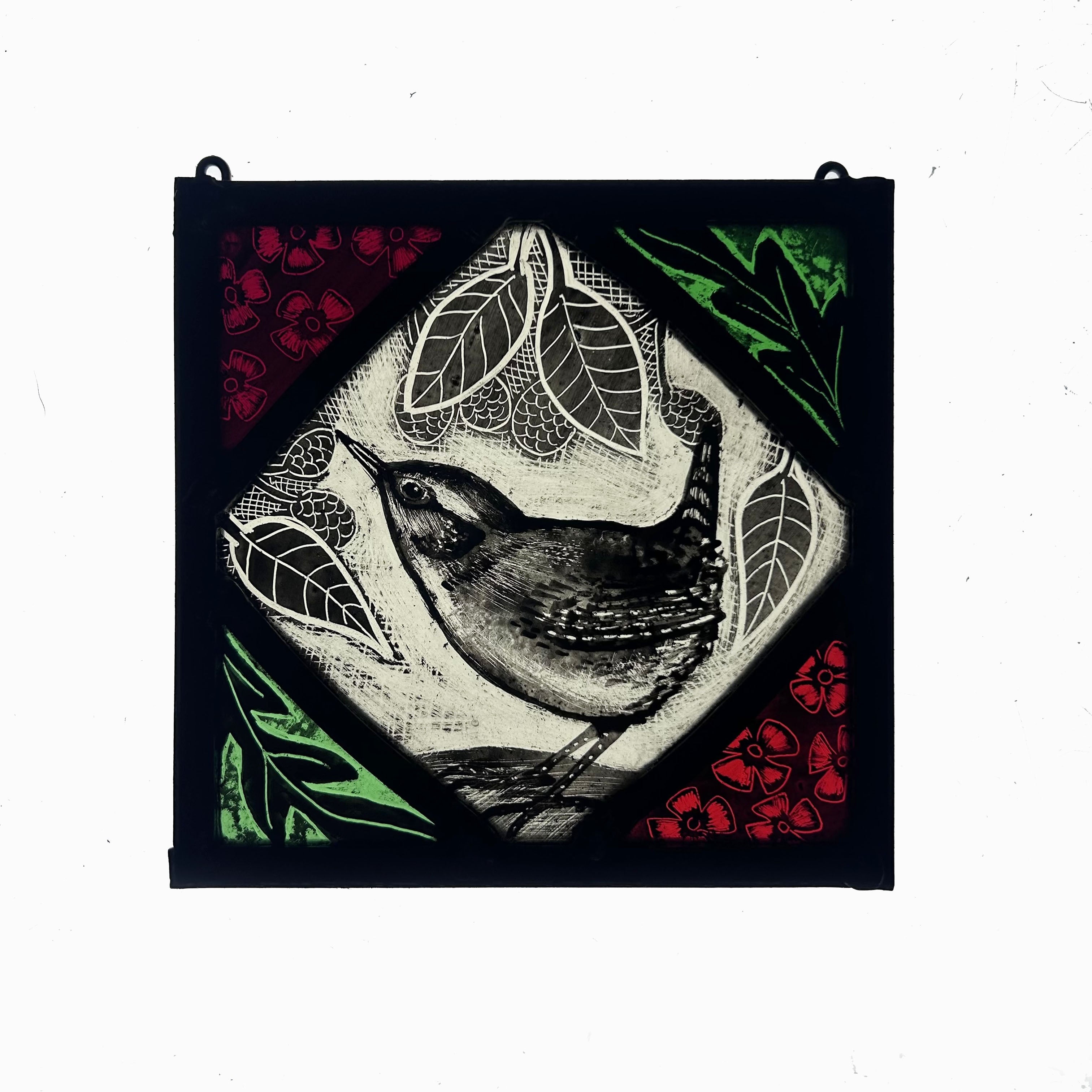 Wren and Flowers Stained Glass Panel Square, Small 2 – Harriet Love ...